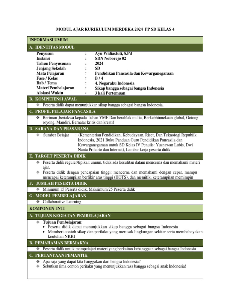 MODUL AJAR KURIKULUM MERDEKA 2024 PP SD KELAS 4 | PDF