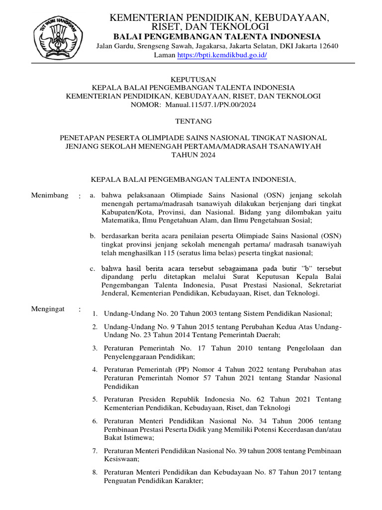 SK Penetapan Peserta Osn Tingkat Nasional Jenjang SMP Tahun 2024 | PDF