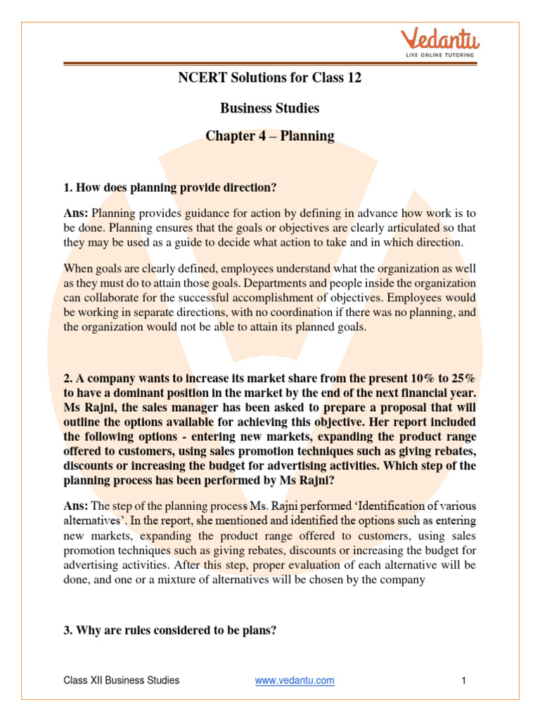 NCERT Solutions For Class 12 Business Chapter 4 - Planning - . | PDF ...
