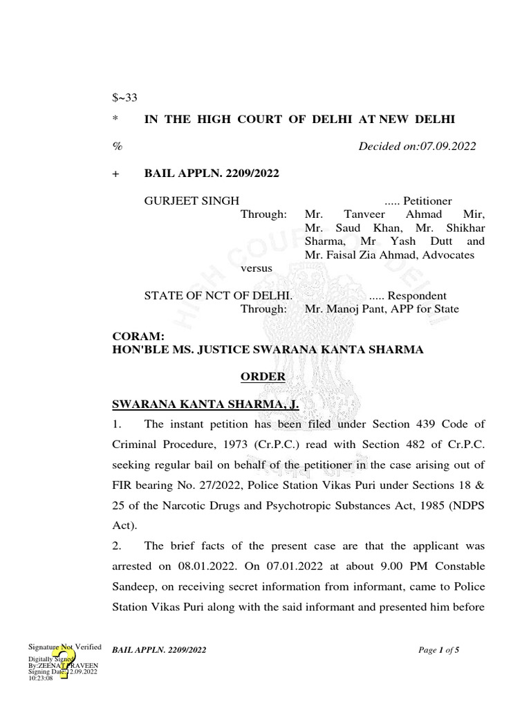 Delhi High Court Bail Application 2209/2022 | PDF | Bail | Common Law