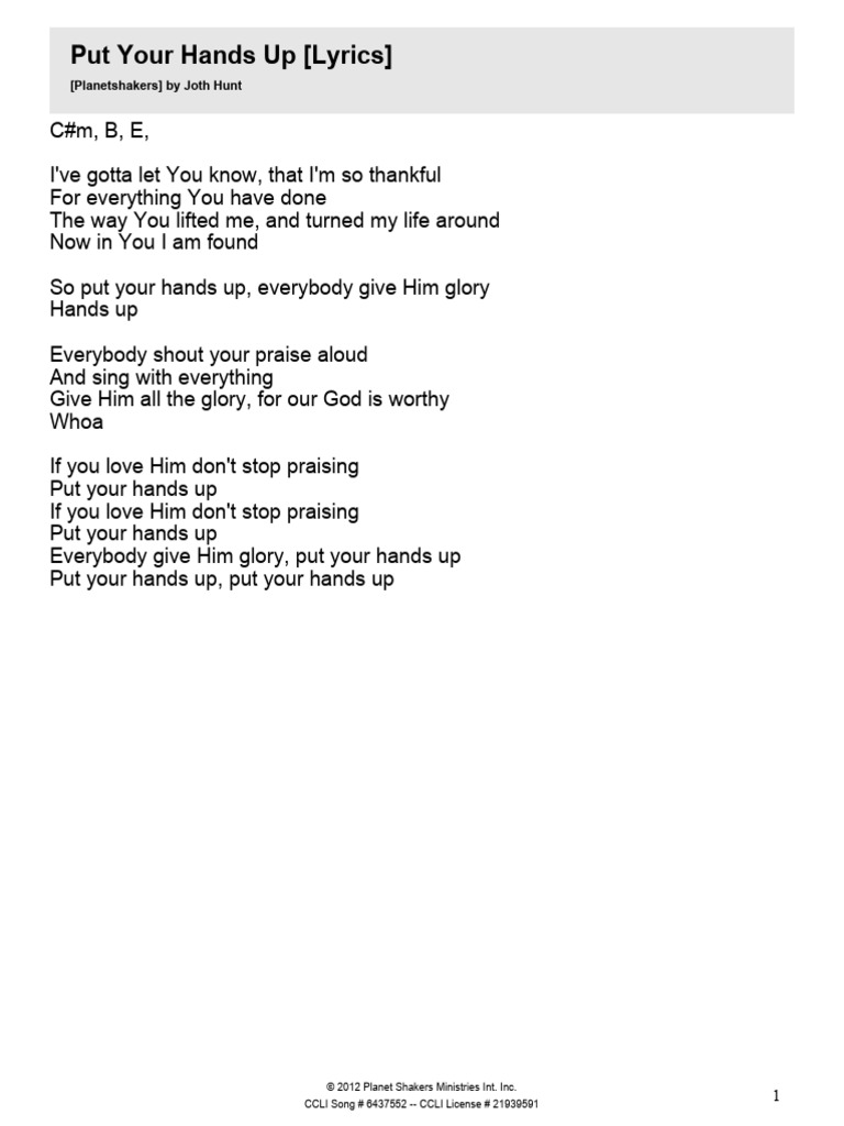 Put Your Hands Up Lyrics - Planetshakers | PDF