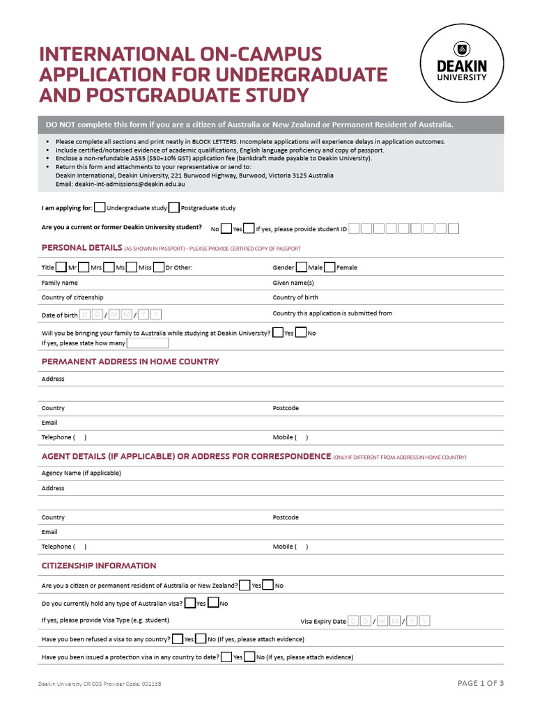 Deaken University App Form | PDF