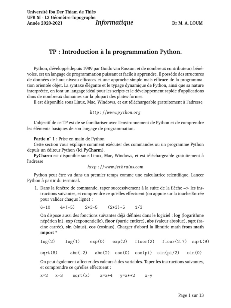 TP Python | PDF | Python (Langage de programmation) | Variable (informatique)
