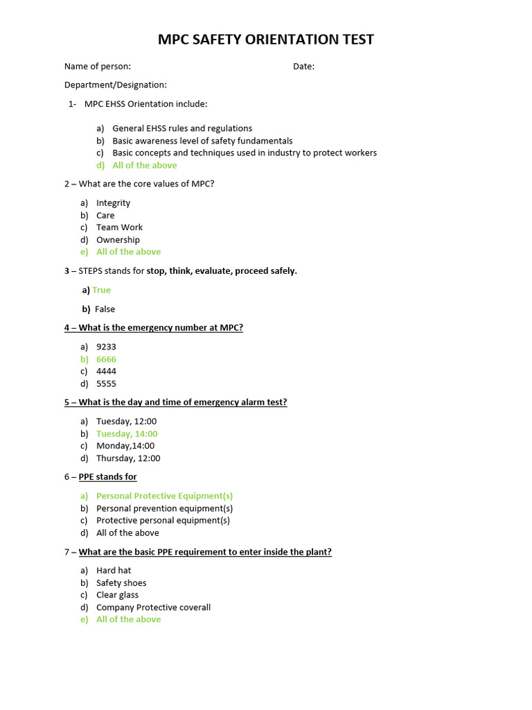 MPC Safety Orientation Q&a - RSK | PDF | Safety | Occupational Safety And Health