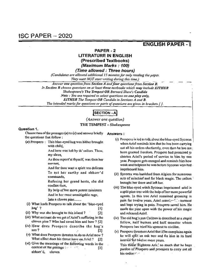 ISC 2020 Solved Paper English Literature | PDF