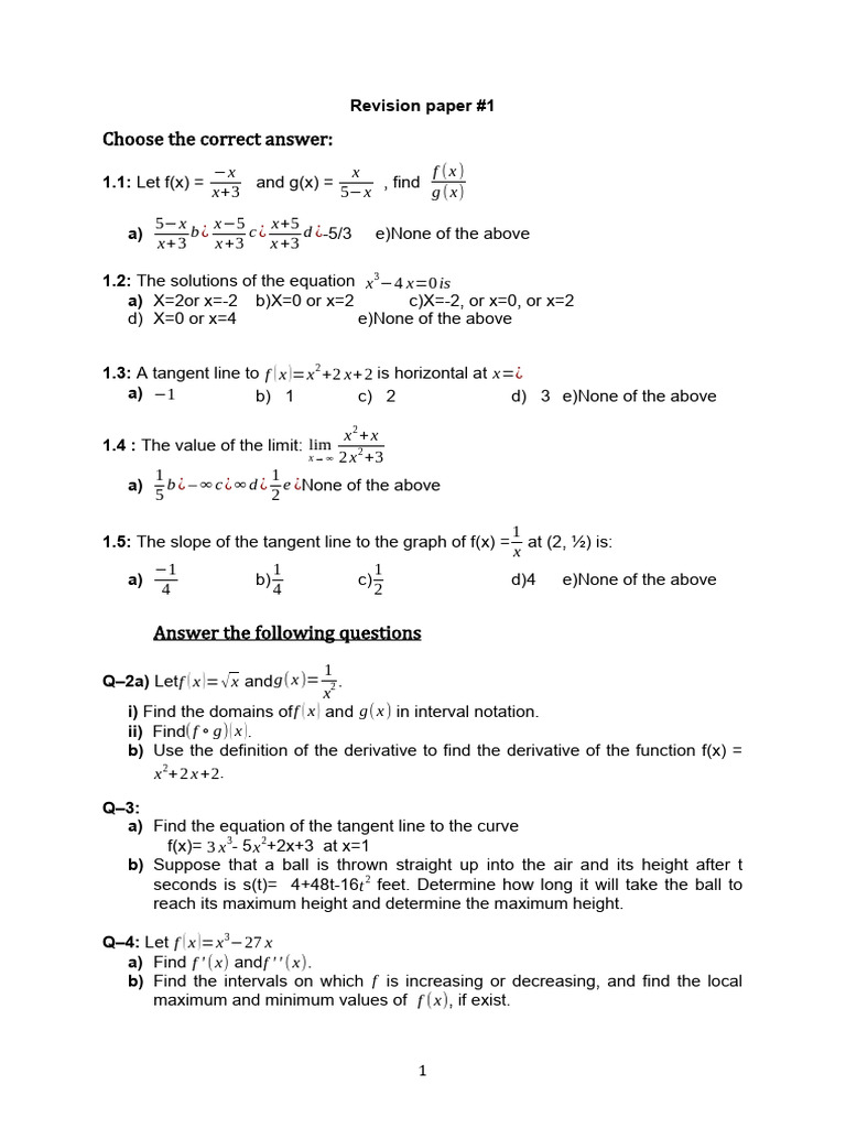 MST129_MTA- Revision Paper | PDF | Tangent | Derivative