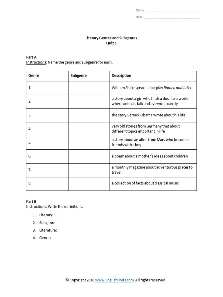 Literary Genres and Subgenres Quiz 1 | PDF