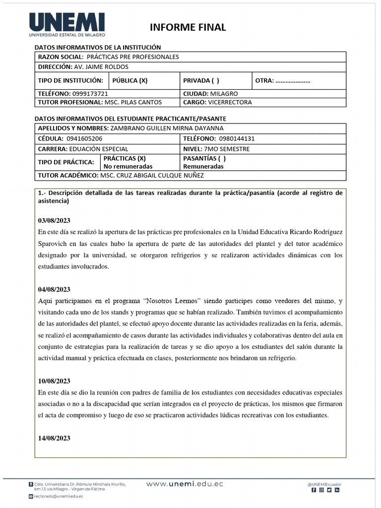 Informe Final PPP Mirna Zambrano | PDF | Aprendizaje | Evaluación