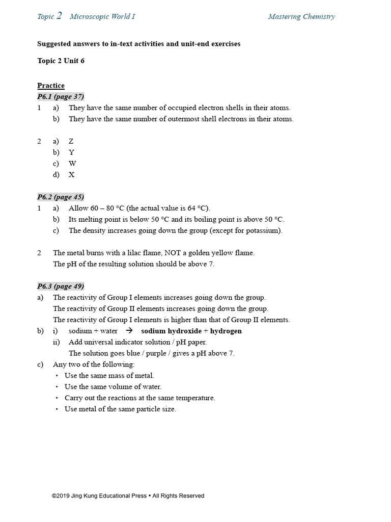 Chemistry Unit 6 Exercise Ans | PDF | Chemical Elements | Periodic Table