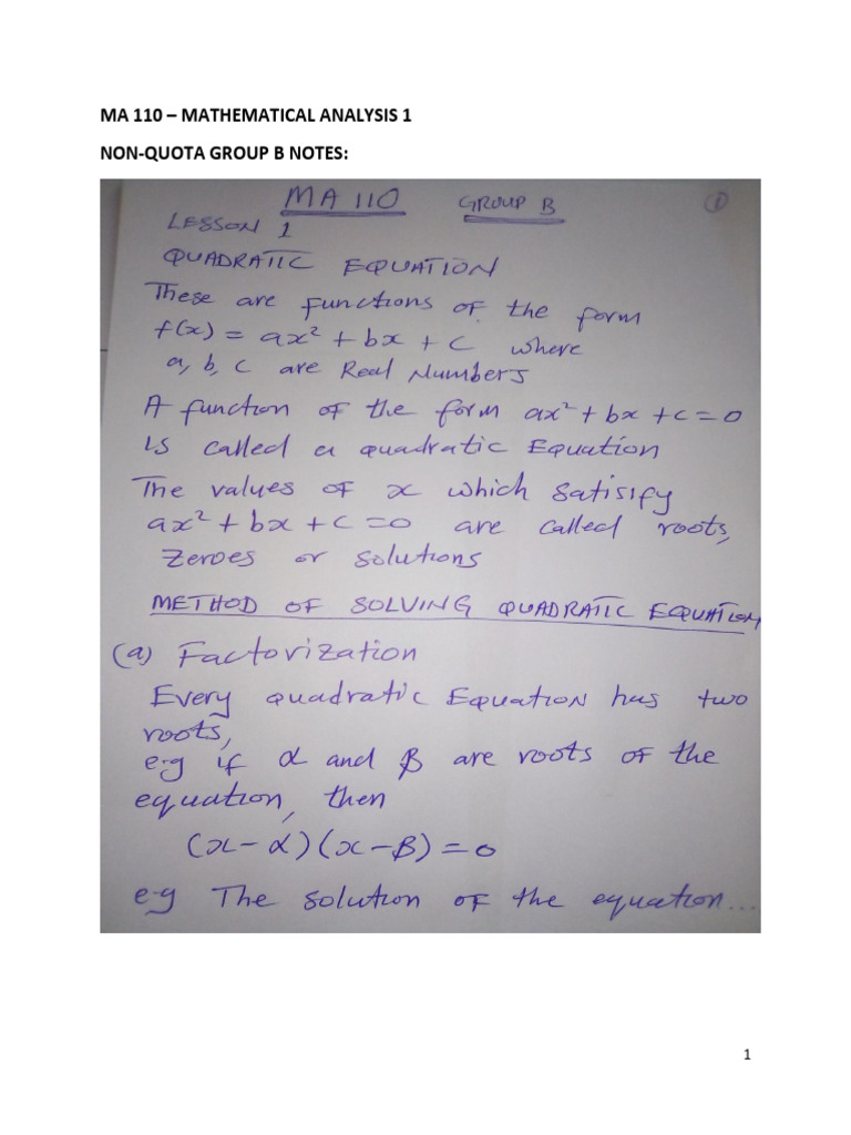 MA 110 QUADRATIC EQUATION NOTES | Download Free PDF | Quadratic ...