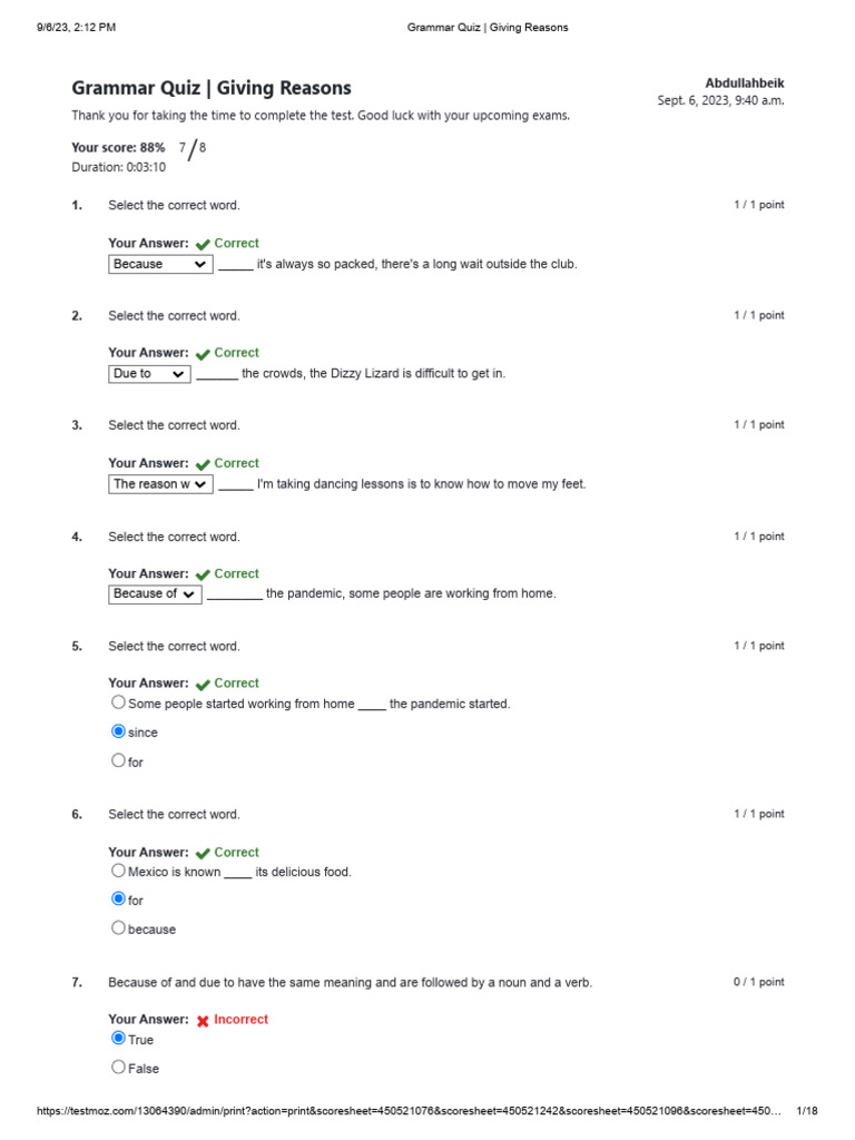 Grammar Quiz - Giving Reasons | PDF | Verb | Linguistic Typology
