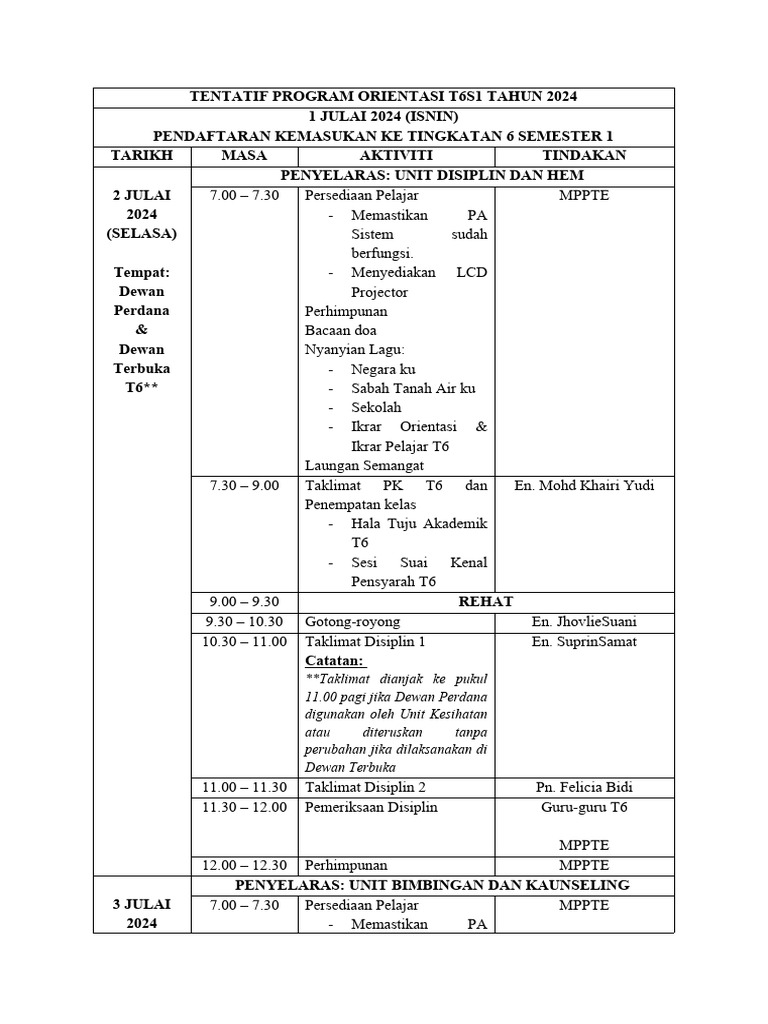 Tentatif Program Orientasi T6S1 Tahun 2024 | PDF