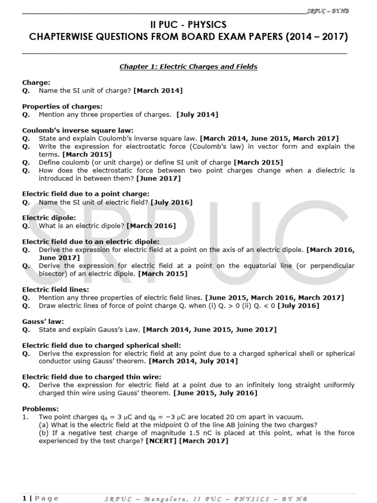 PUC II Imp Questions 1235 Marks Question 1 | PDF | Electric Field | Dipole