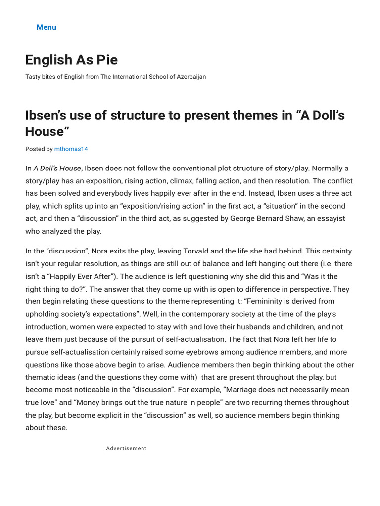 Ibsen's Use of Structure To Present Themes in "A Doll's House" | PDF ...