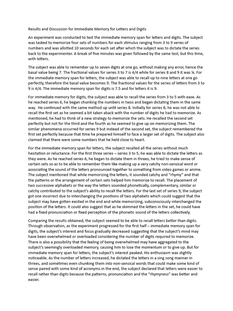 Results and Discussion for Immediate Memory for Letters and Digits | PDF | Memory | Psychology