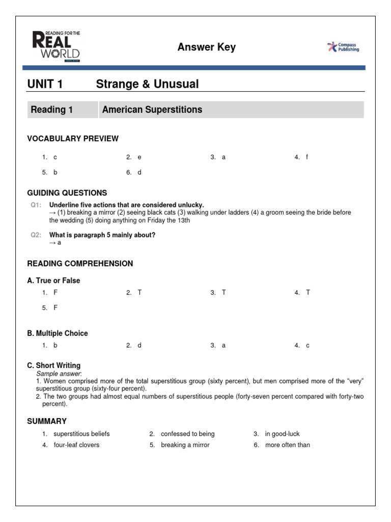 Reading For The Real World 4th Edition - 1 - Answer Key | PDF ...