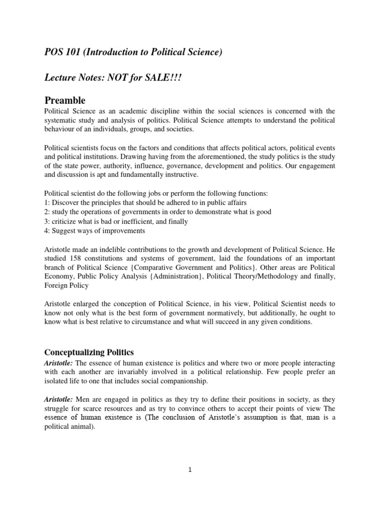 2024 POS 101 Lecture Note | PDF | Political Science | Science