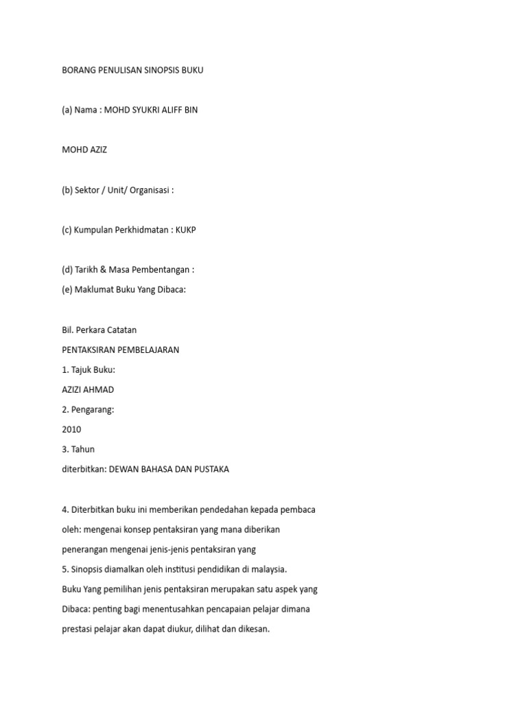 Borang Penulisan Sinopsis Buku Pdf