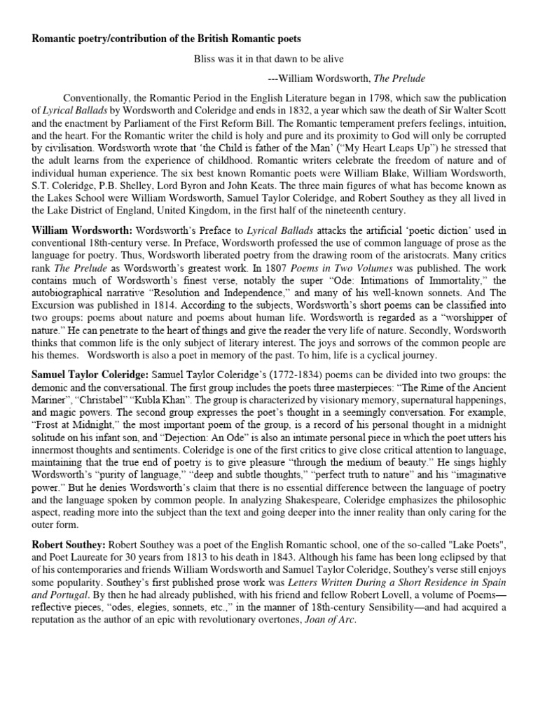 Romantic Poetry 1 | PDF | William Wordsworth | Samuel Taylor Coleridge