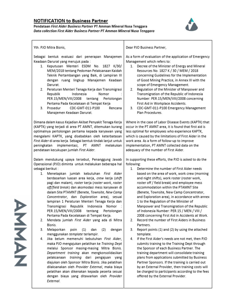 Notifikasi Pendataan First Aider Mitra Bisnis PT AMNT | PDF | Emergency ...