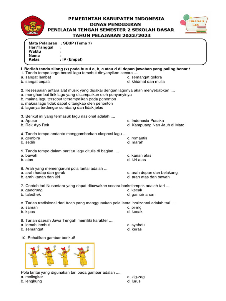 Soal Tema 7 Kelas 4 Semester 2 T.A 2022-2023 Mapel SBDP | PDF