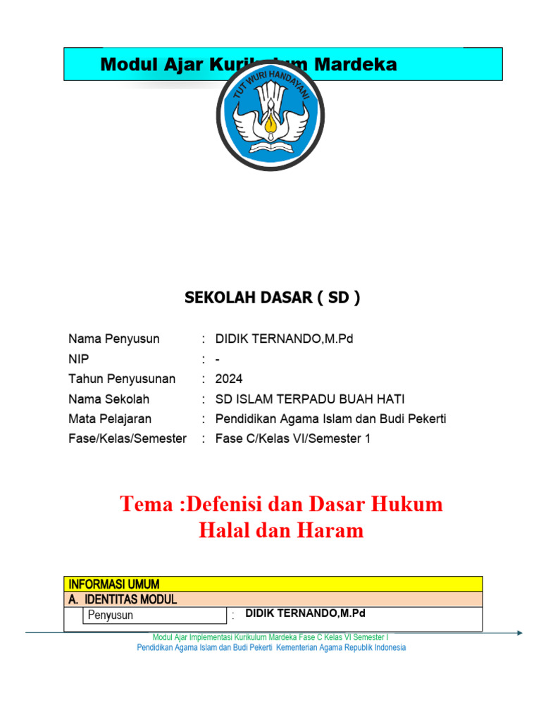 MODUL AJAR KELAS 6 BAB 4 DEFENISI DAN DASAR HUKUM HALAL DAN HARAM | PDF