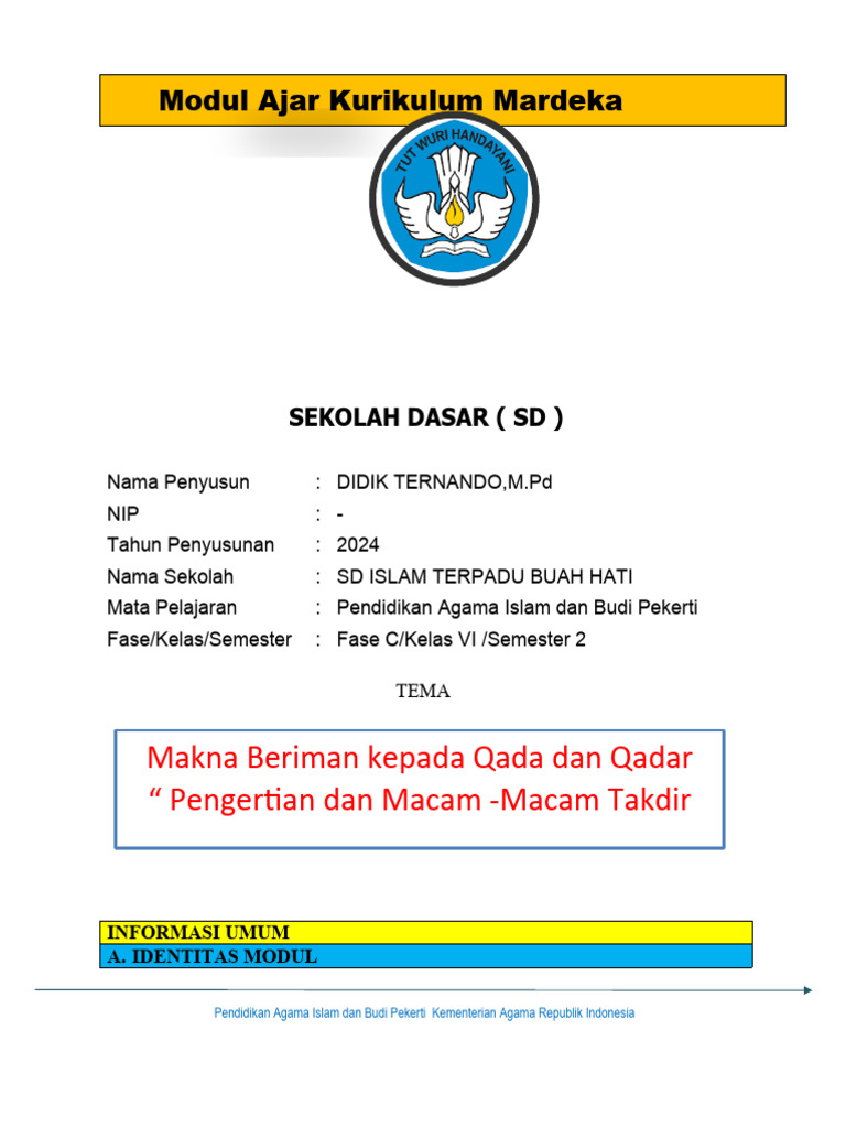 MODUL AJAR KELAS 6 BAB 7 MAKNA BERIMAN KEPADA QADA DAN QADAR | PDF