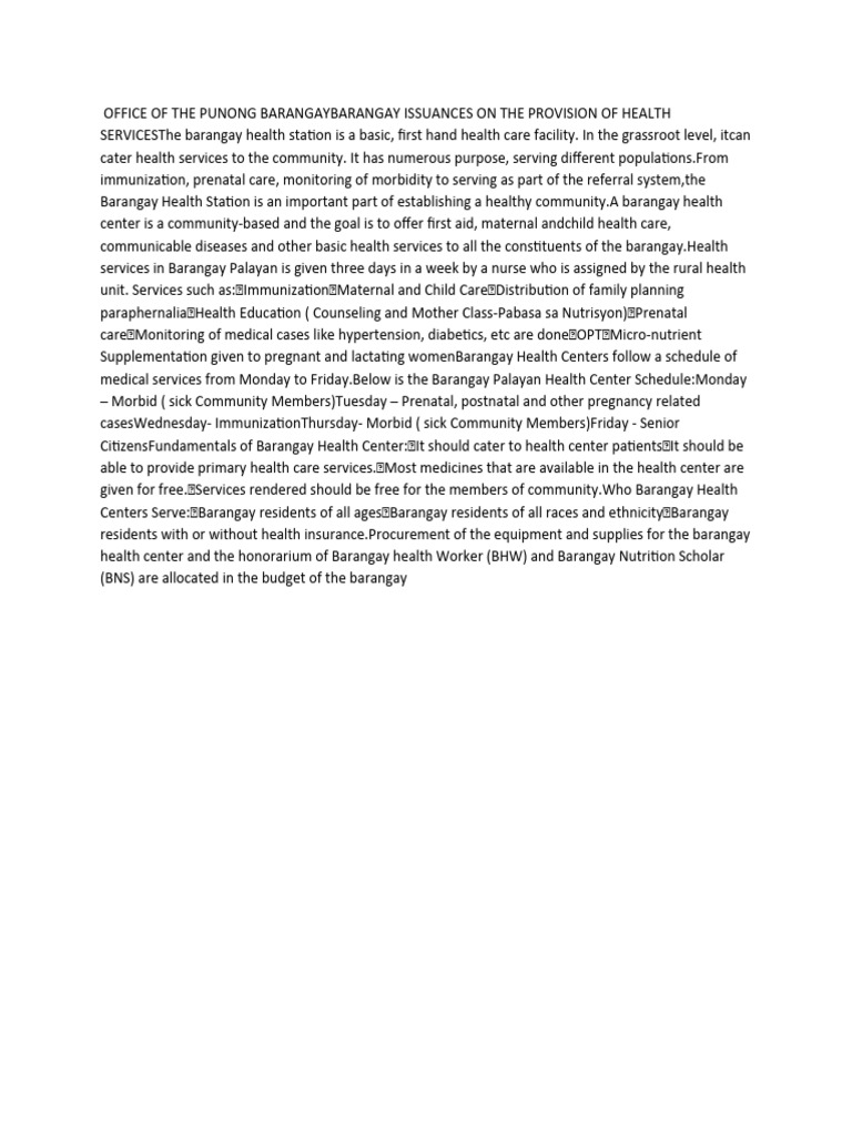 Barangay Health Services Overview Pdf Wellness