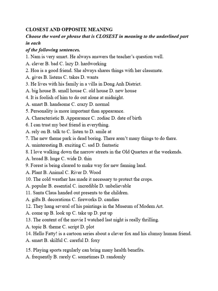 Closest and Opposite Meaning | PDF | Home & Garden
