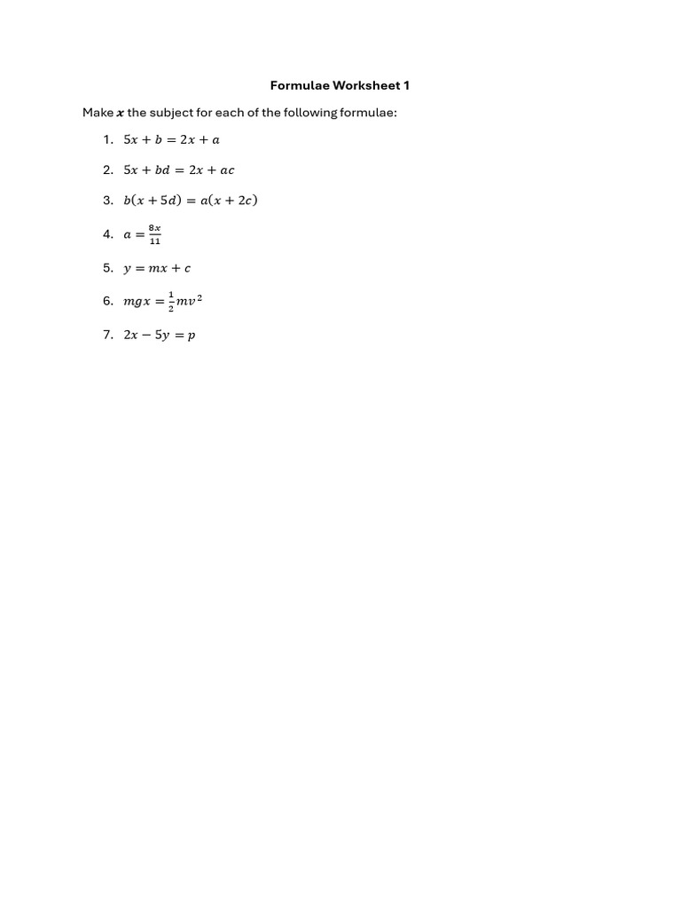 Formulae Worksheet 1 | PDF