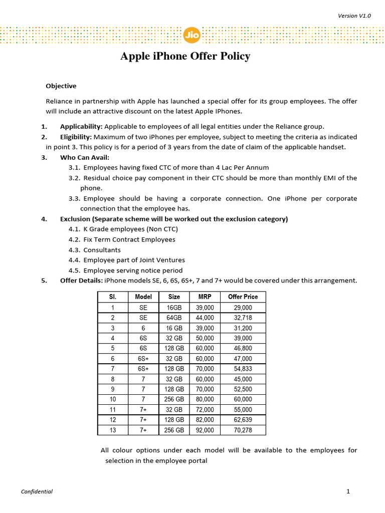 Reliance Employee iPhone Discount Policy | PDF | Employee Benefits | I ...