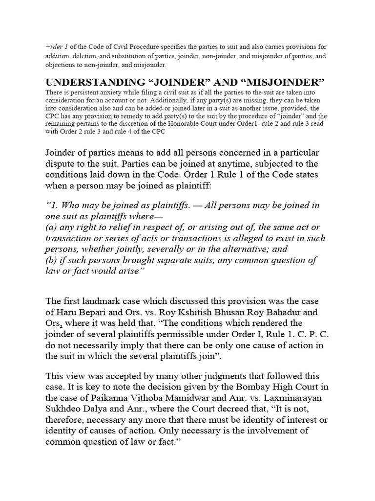 Order 1 - Joinder, Misjoinder and Non Joinder | PDF | Lawsuit | Joinder