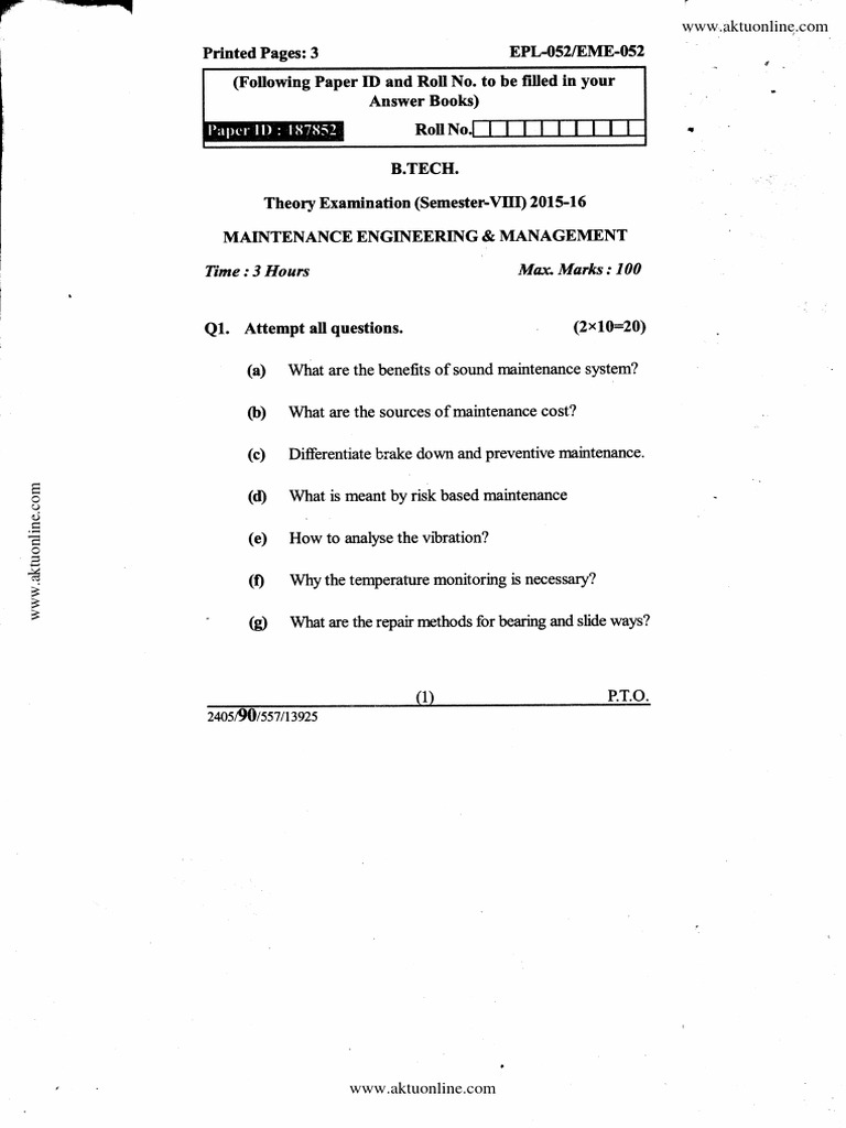 Btech PT 8 Sem Maintenance Engineering and Management Epl 052 2015 16 | PDF | Reliability ...