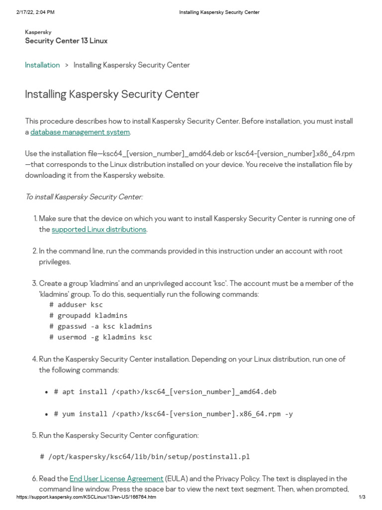 Installing Kaspersky Security Center | PDF | Superuser | Port (Computer Networking)