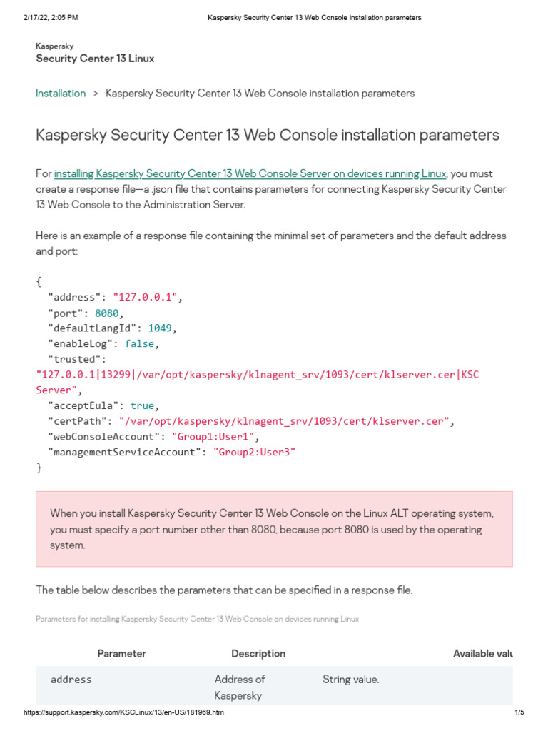 Kaspersky Security Center 13 Web Console installation parameters | Download Free PDF | Command ...