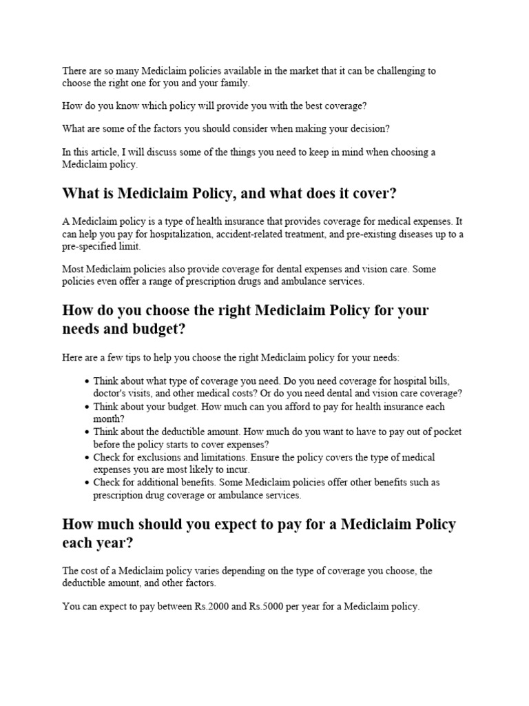 Choosing the Right Mediclaim Policy Guide | PDF | Medicaid | Insurance
