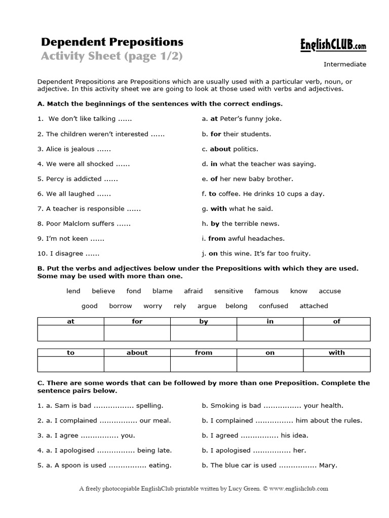 Dependent Prepositions Activity | PDF | Adjective | Preposition And ...