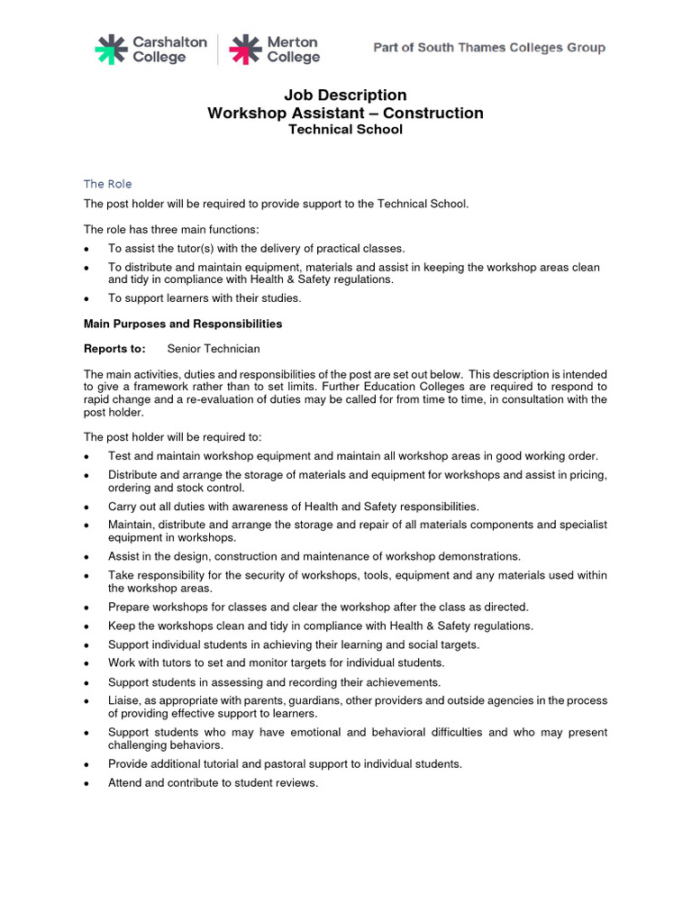 Workshop Assistant - Construction August 2021 | PDF | Learning ...