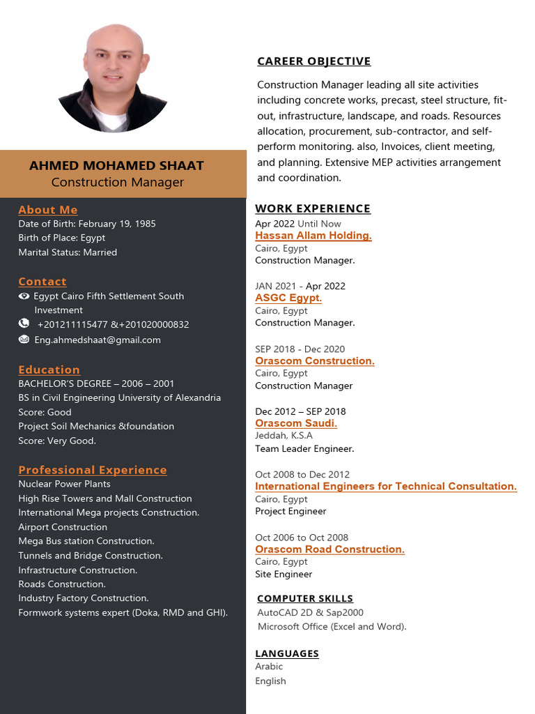 Ahmed Shaat Construction Manager Resume. | PDF | Mecca | Deep Foundation