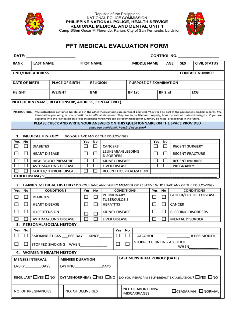 PFT Medical Evaluation Form 2023 | PDF | Menstruation | Cardiovascular ... PFT Medical Evaluation Form 2023 | PDF | Menstruation | Cardiovascular ...
