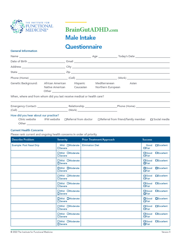 Male Intake Questionnaire Ifm New | PDF | Healthy Diet | Meal