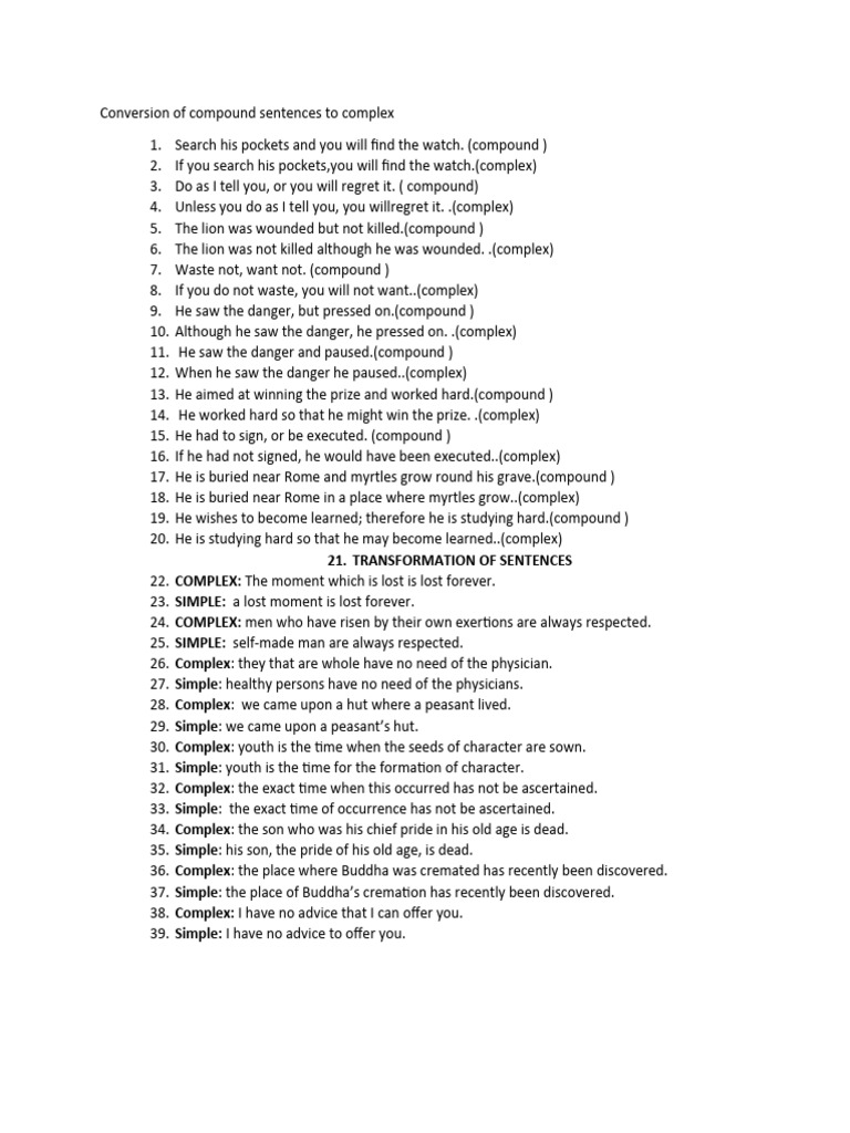 Conversion of Compound Sentences To Complex | PDF