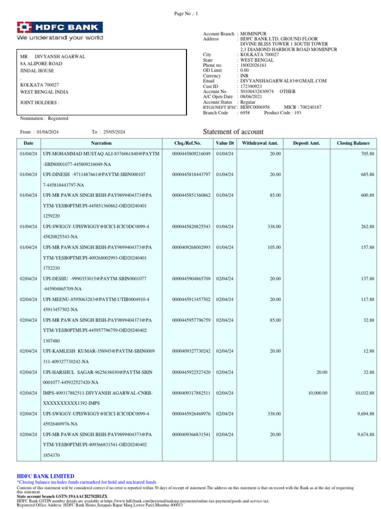 HDFC_AccountStatement | Download Free PDF | Money | Financial Markets