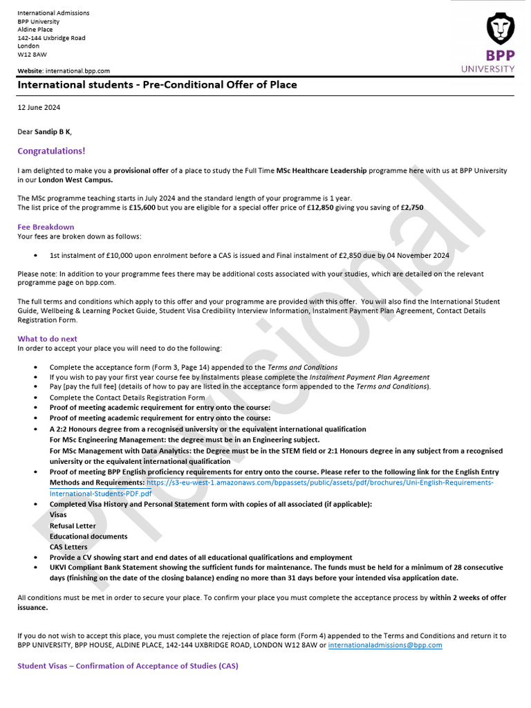 BPP University Pre-Conditional Offer Letter | PDF | Travel Visa