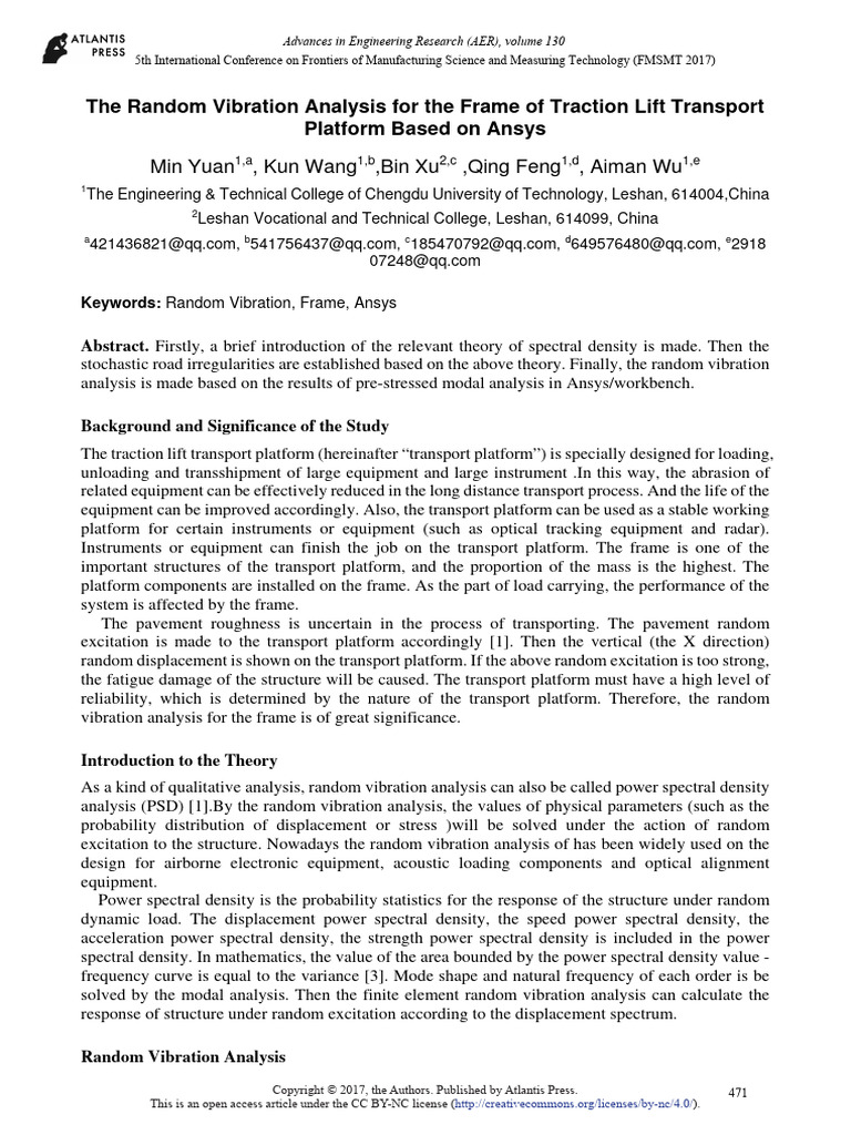 The Random Vibration Analysis For The Frame Of Traction Lift Transport Good Yuan 2017 Pdf