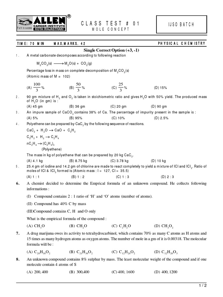 01-Mole Concept (Class Test-01) | PDF | Molecules | Mole (Unit)