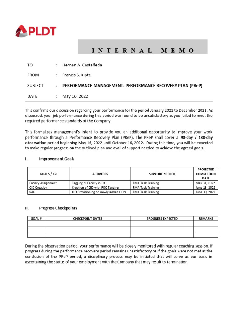 Performance Recovery Plan Memo | PDF | Career & Growth | Business
