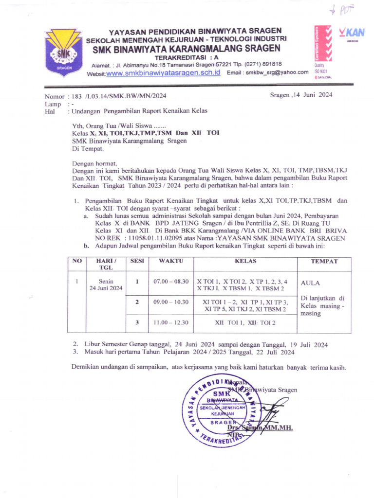 UNDANGAN PENGAMBILAN RAPORT KENAIKAN TINGKAT KELAS X, XI DAN XII TOI TAHUN 2023 - 2024 | PDF