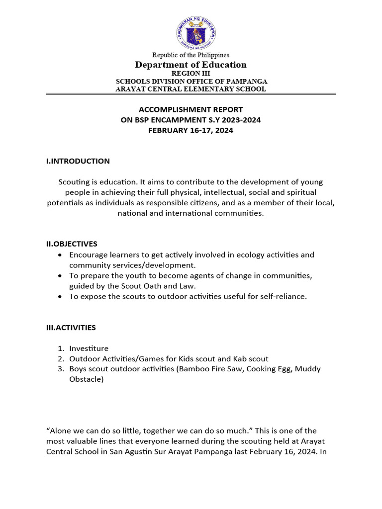 BSP Encampment Report 2023-2024 | PDF | Scouting | Youth Organizations