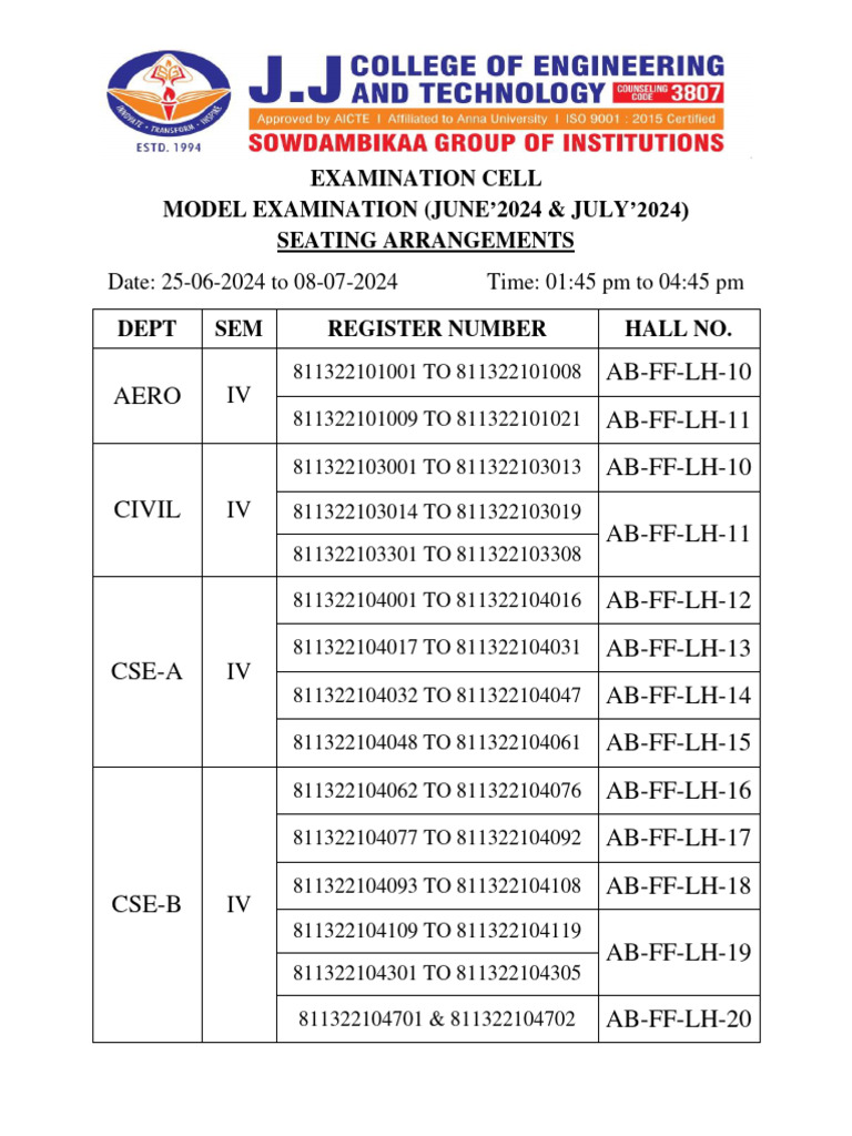 Model Exam Seating Arrangements - IV Sem | PDF | Business | Home & Garden